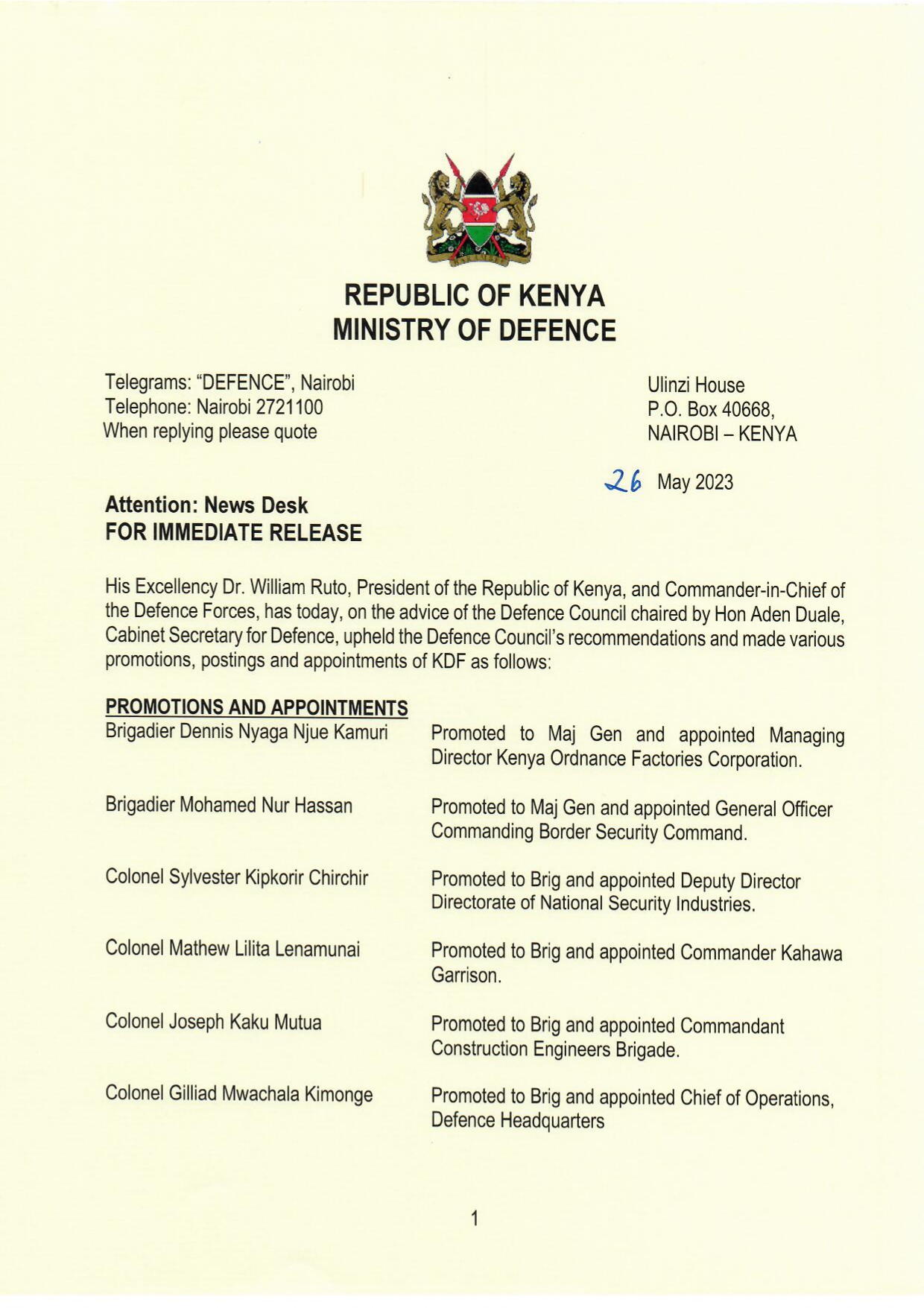 KDF PROMOTIONS AND POSTINGS 26TH MAY 2023 – Ministry of Defence – Kenya