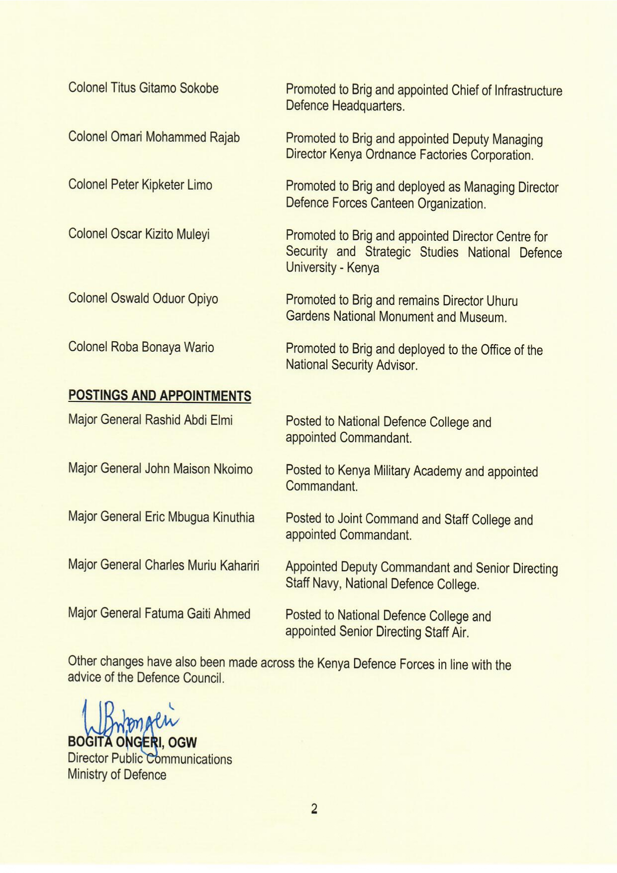 KDF PROMOTIONS AND POSTINGS 26TH MAY 2023 – Ministry of Defence – Kenya