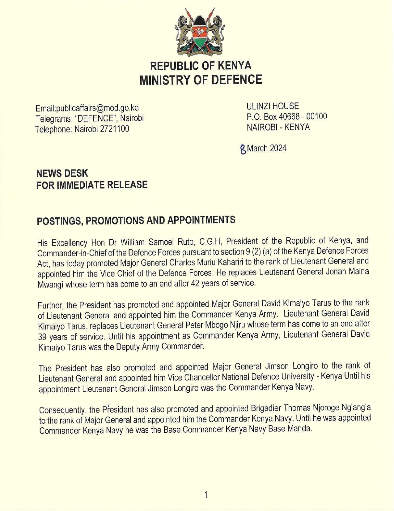 PRESS RELEASE- KDF PROMOTIONS POSTINGS AND APPOINTMENTS MARCH 2024 – Ministry of Defence – Kenya