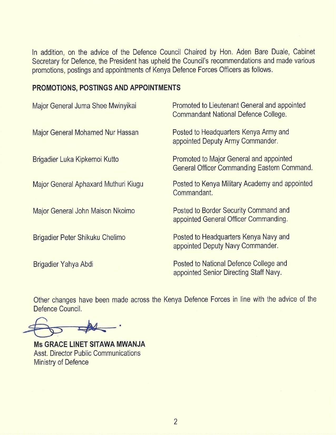 PRESS RELEASE- KDF PROMOTIONS POSTINGS AND APPOINTMENTS MARCH 2024 – Ministry of Defence – Kenya