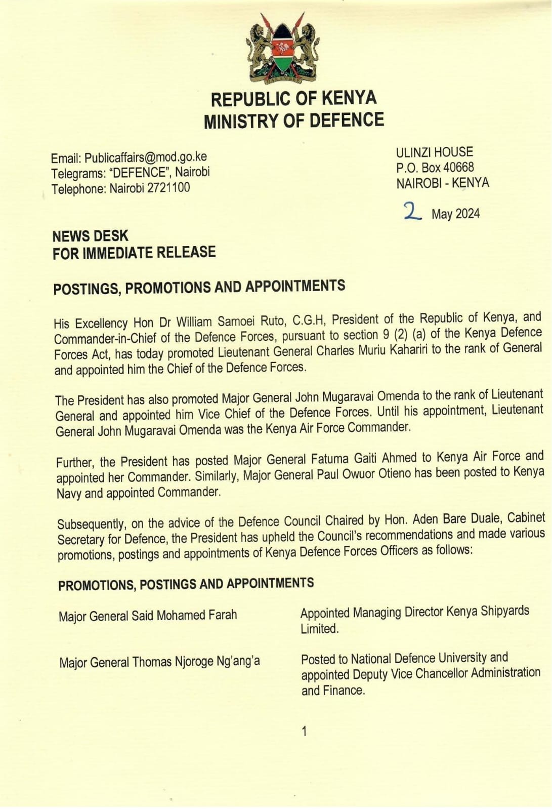 KDF PROMOTIONS , POSTINGS AND APPOINTMENTS – Ministry of Defence – Kenya